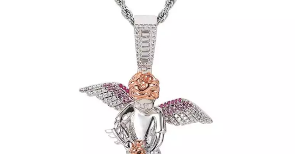 Bling Iced Out Cupid Cubic Mens Gold Plated Angel Pendant